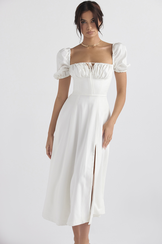 Tallulah White Puff Sleeve Midi Dress – DVL Shop